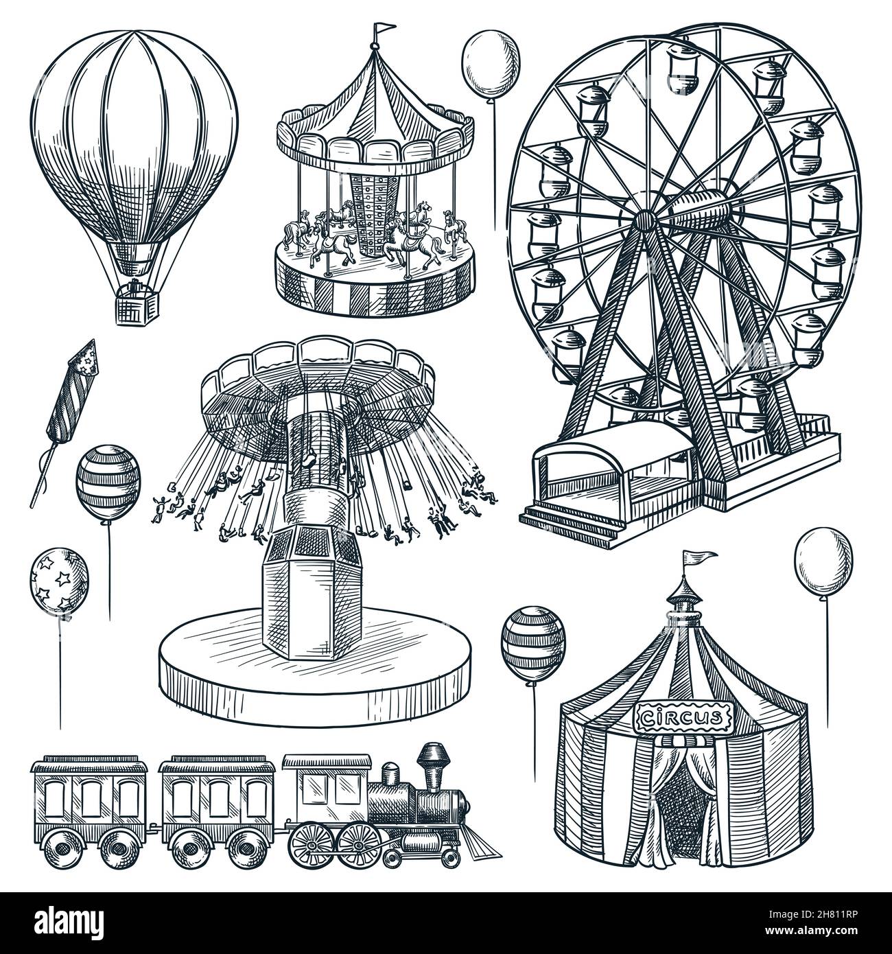 Amusement park design elements collection. Vector hand drawn sketch ...