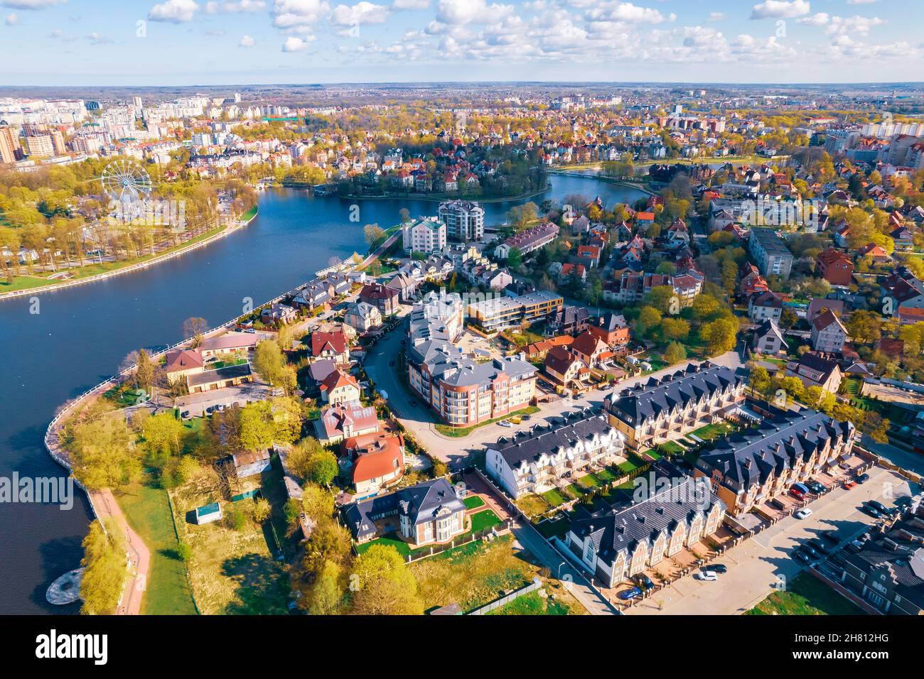 Aerial view city Kaliningrad Russia central park with lake summer day ...
