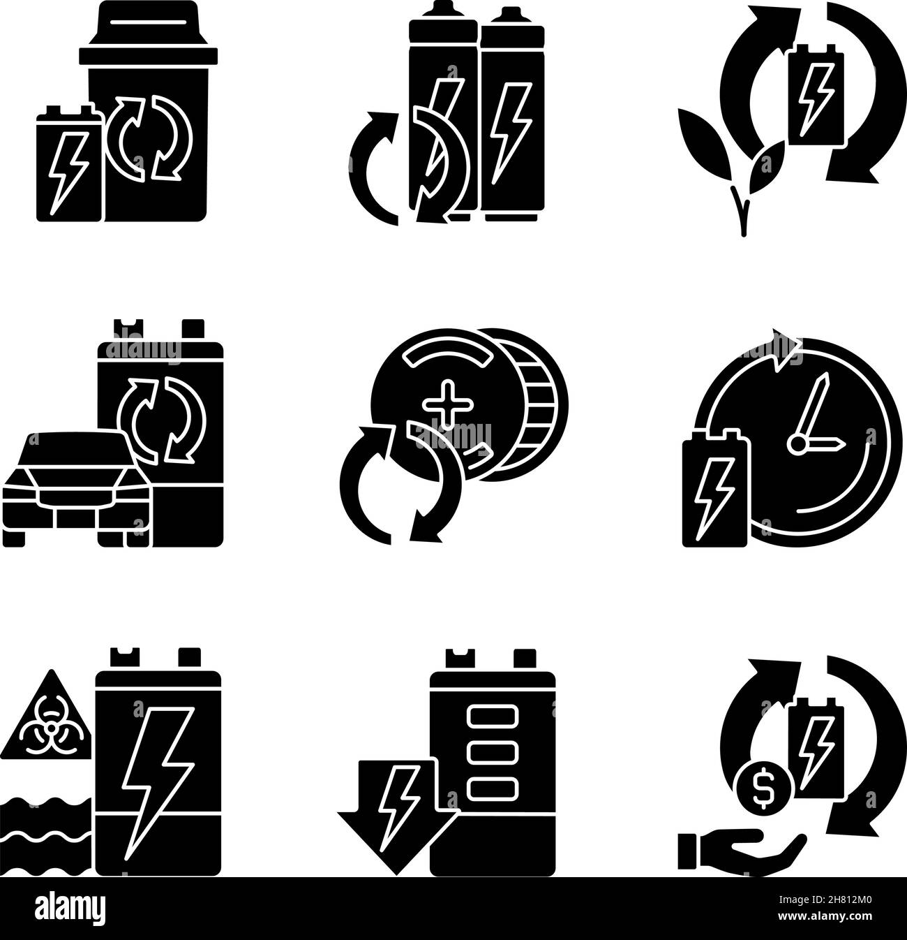 Battery processing black glyph icons set on white space Stock Vector ...