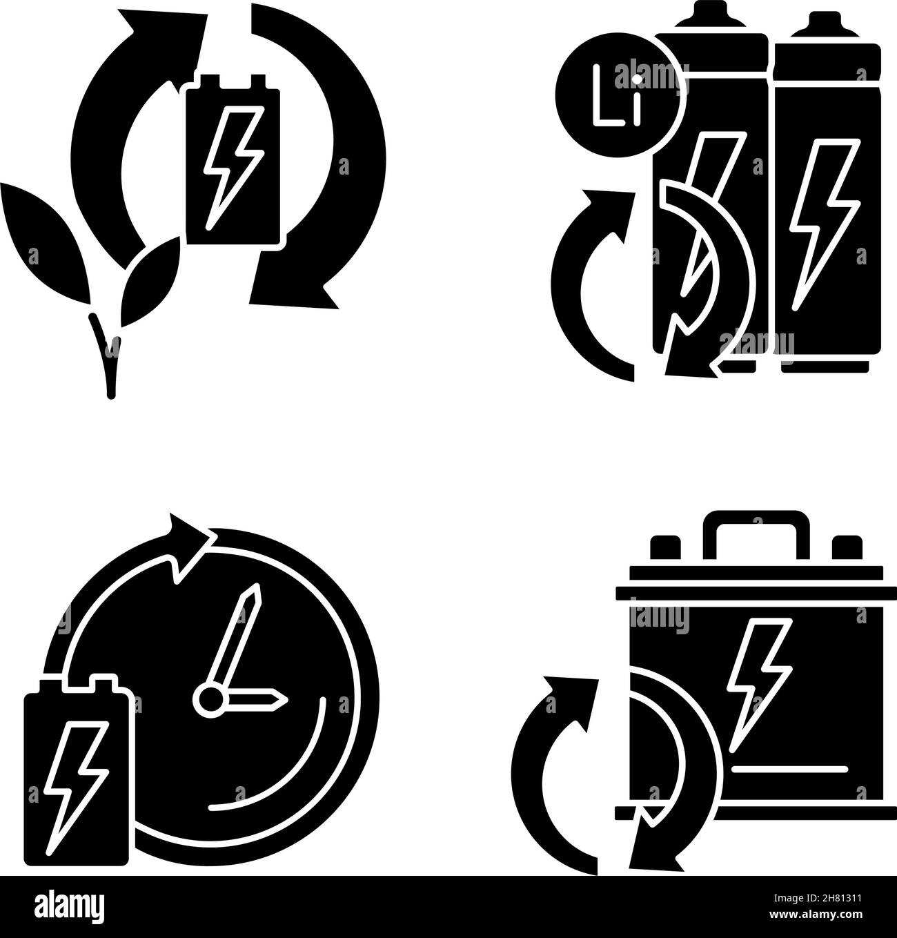 Eco battery disposal black glyph icons set on white space Stock Vector ...