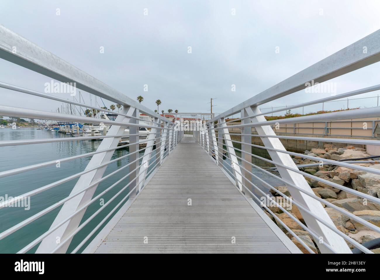 Concrete pier with white metal railings at Oceanside, California Stock ...