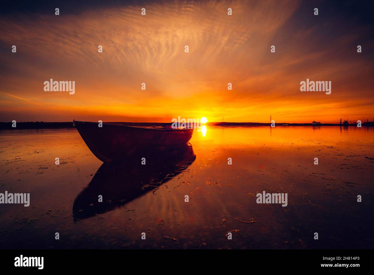 Boat in the Curonian Lagoon in Lithuania during a scenic sunset Stock ...