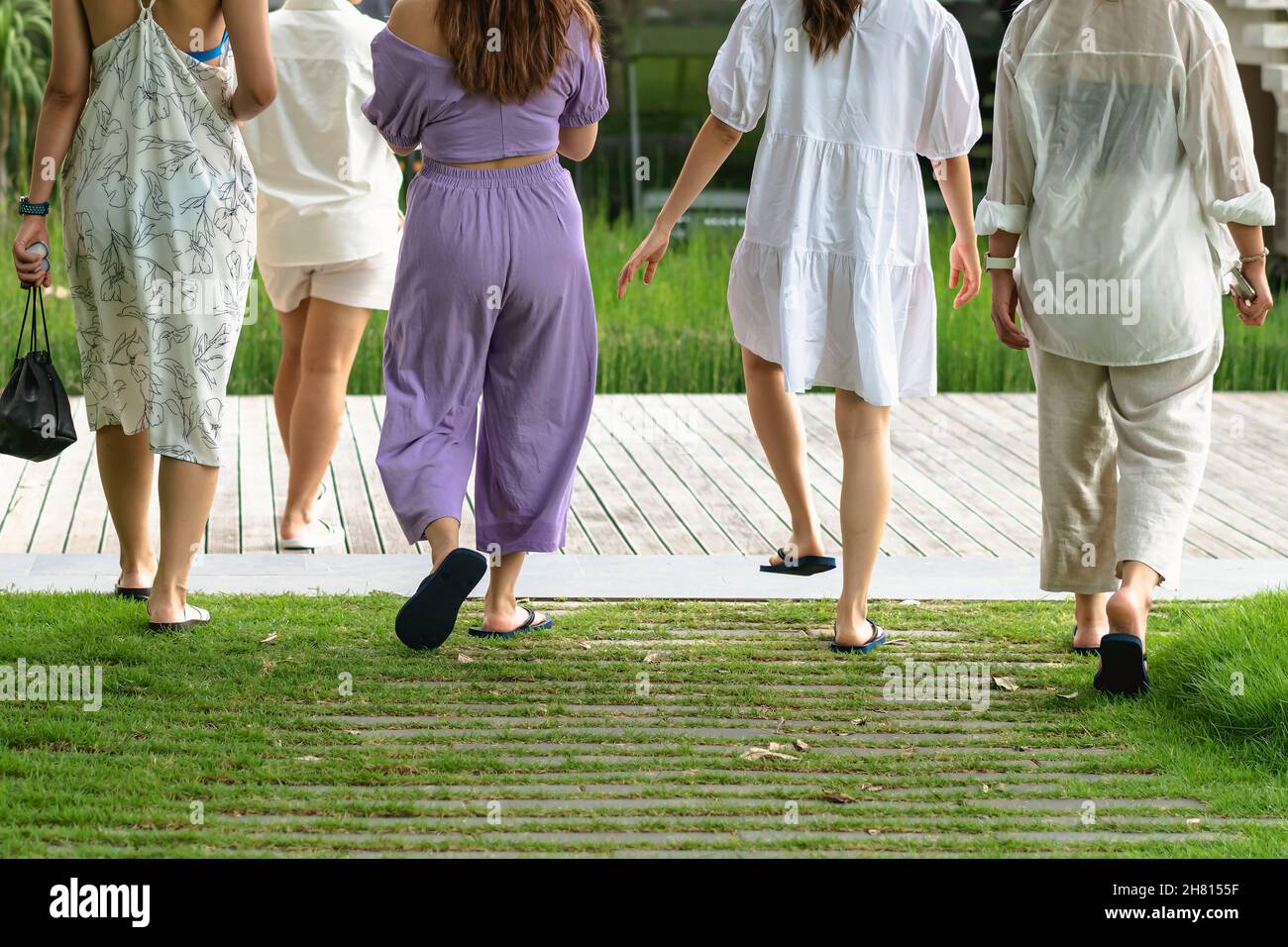 Back view of happiness female friends talking and walking along the ...