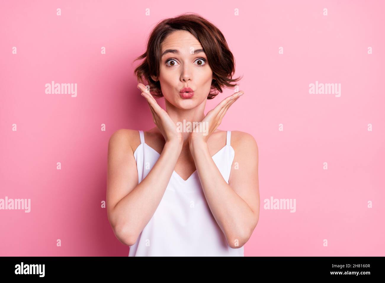 Portrait of attractive funny amazed girl sudden news reaction pout lips ...