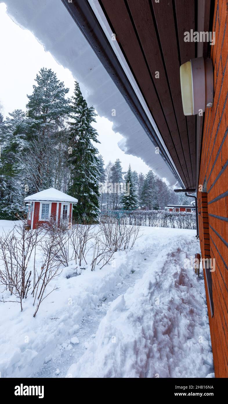 Thawing snow flows from house roof and forms an ice dam at eaves at ...