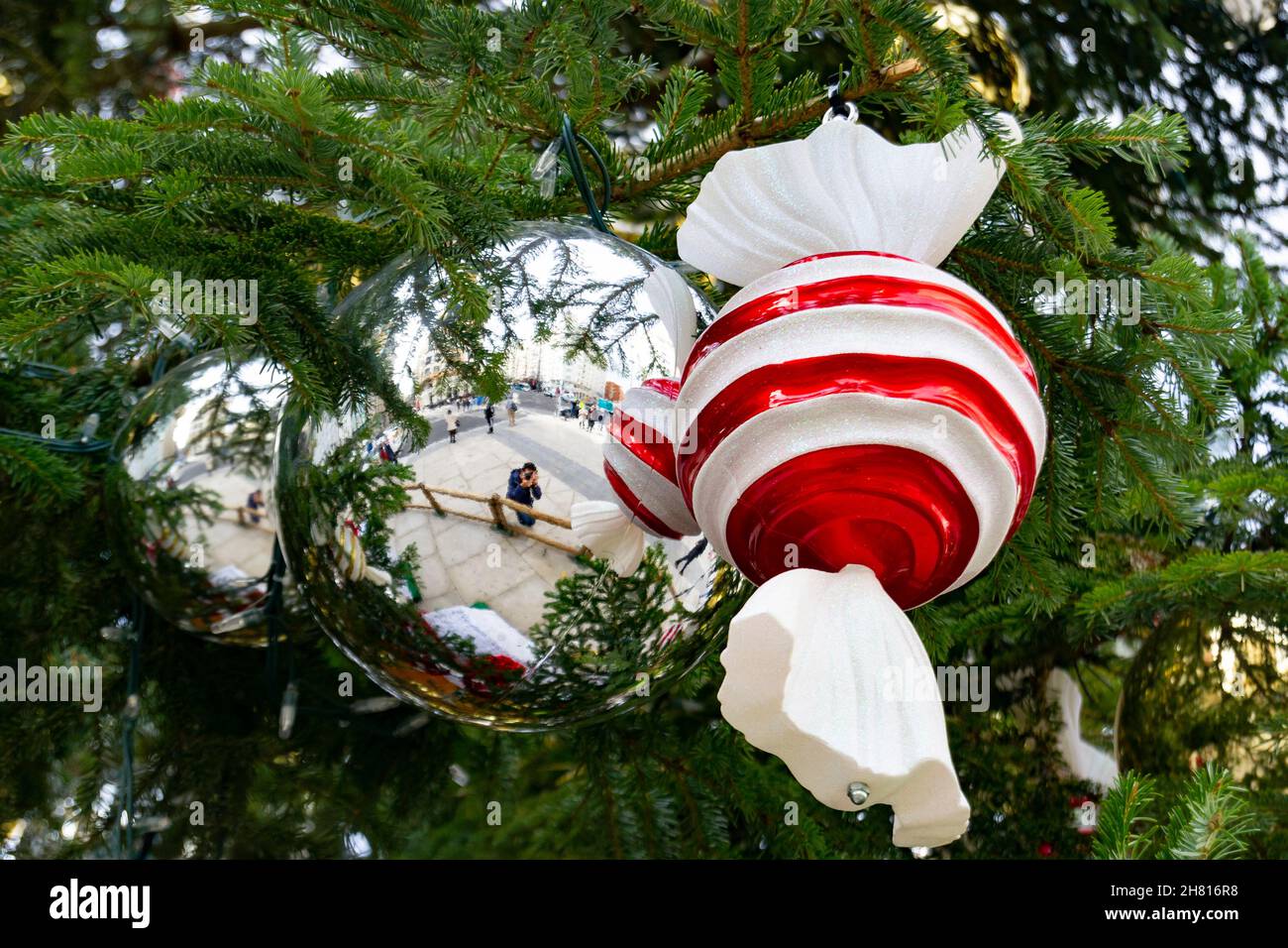 Details of the natural fir Christmas ornaments. Located in the Plaza de ...