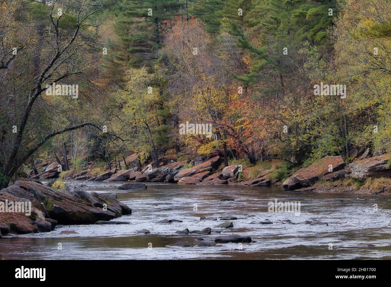 The Kettle River flowing over rocks with beautiful fall foliage along ...