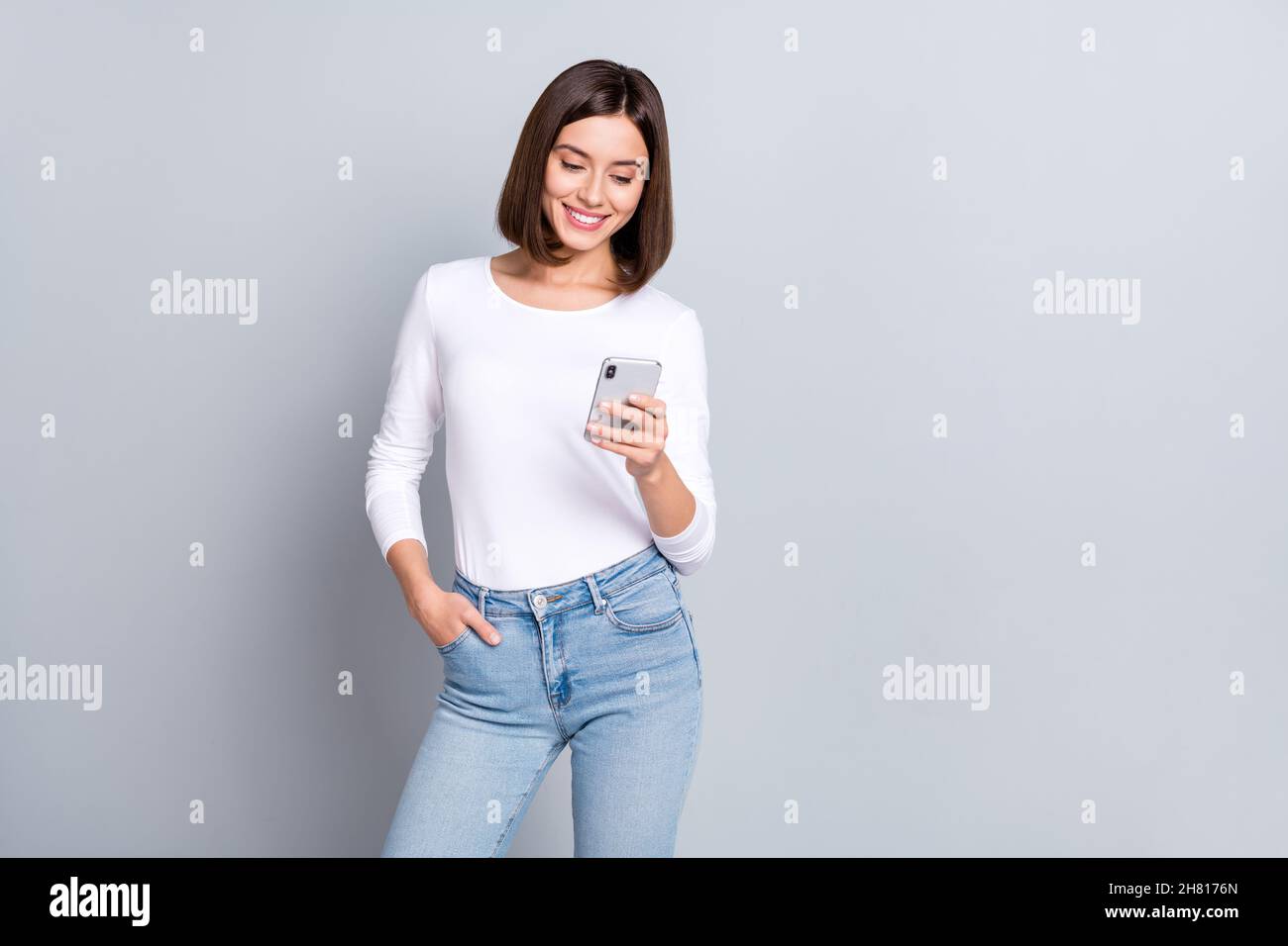 Photo Of Sweet Bob Hairstyle Millennial Lady Look Telephone Wear Shirt