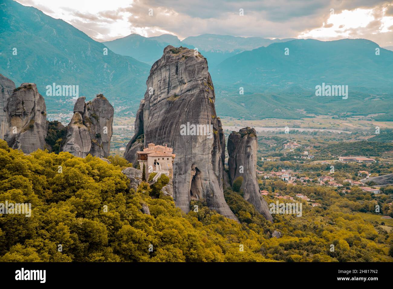 Stunning panoramic view of landscapes, rock formations, and monasteries ...