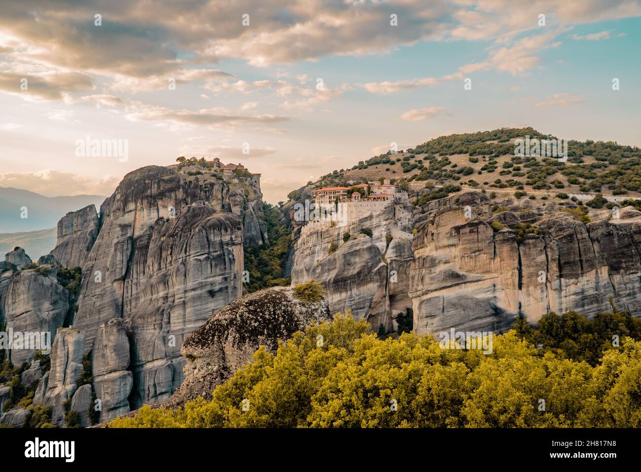 Stunning panoramic view of landscapes, rock formations, and monasteries ...