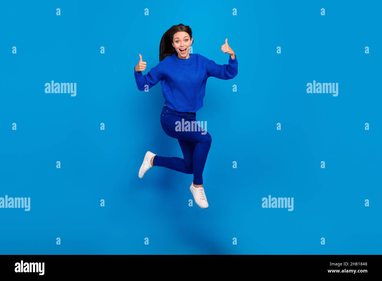 Full length body size view of attractive cheerful glad girl jumping ...