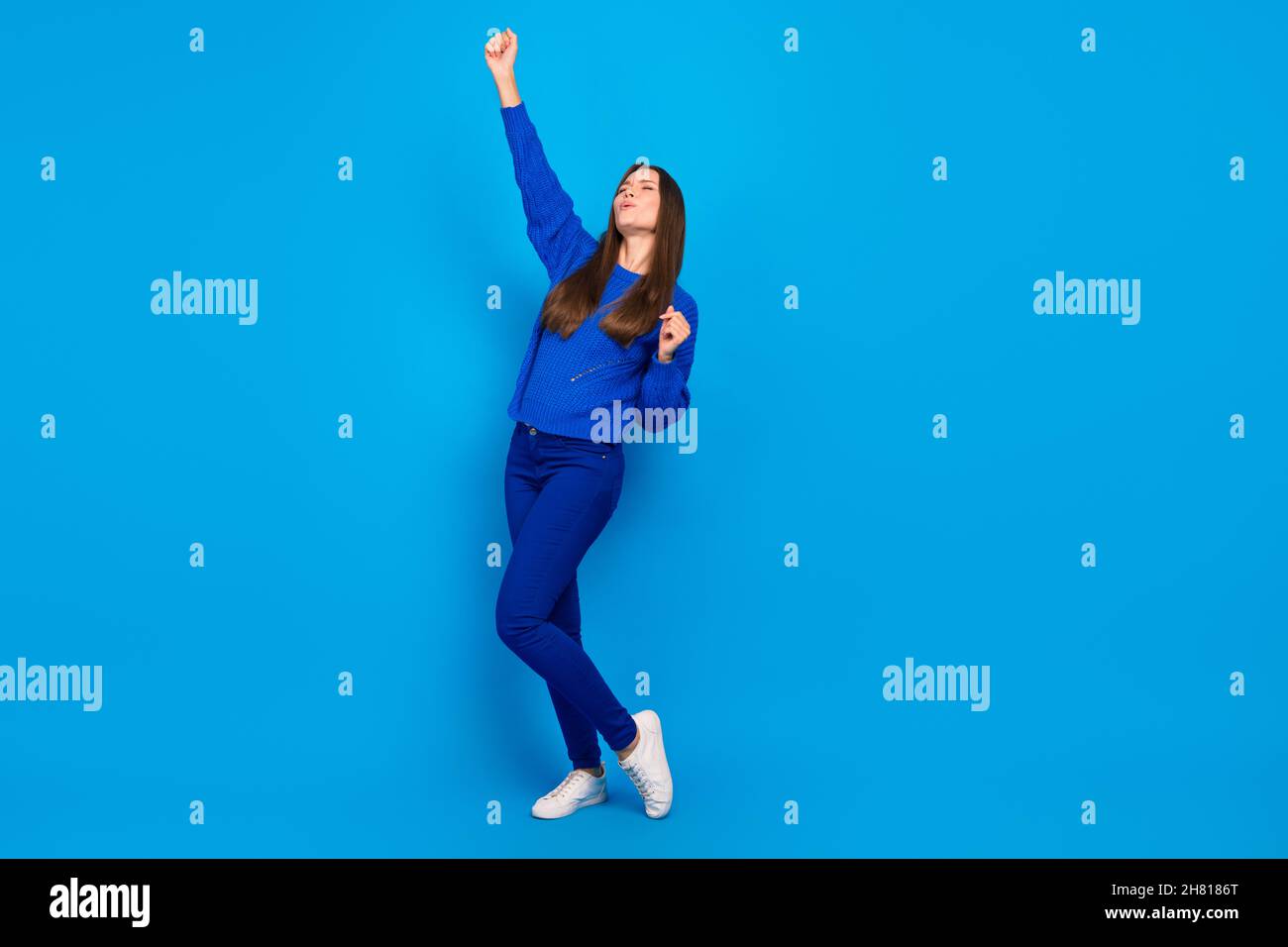 Full length body size view of attractive cheery dreamy girl dancing ...