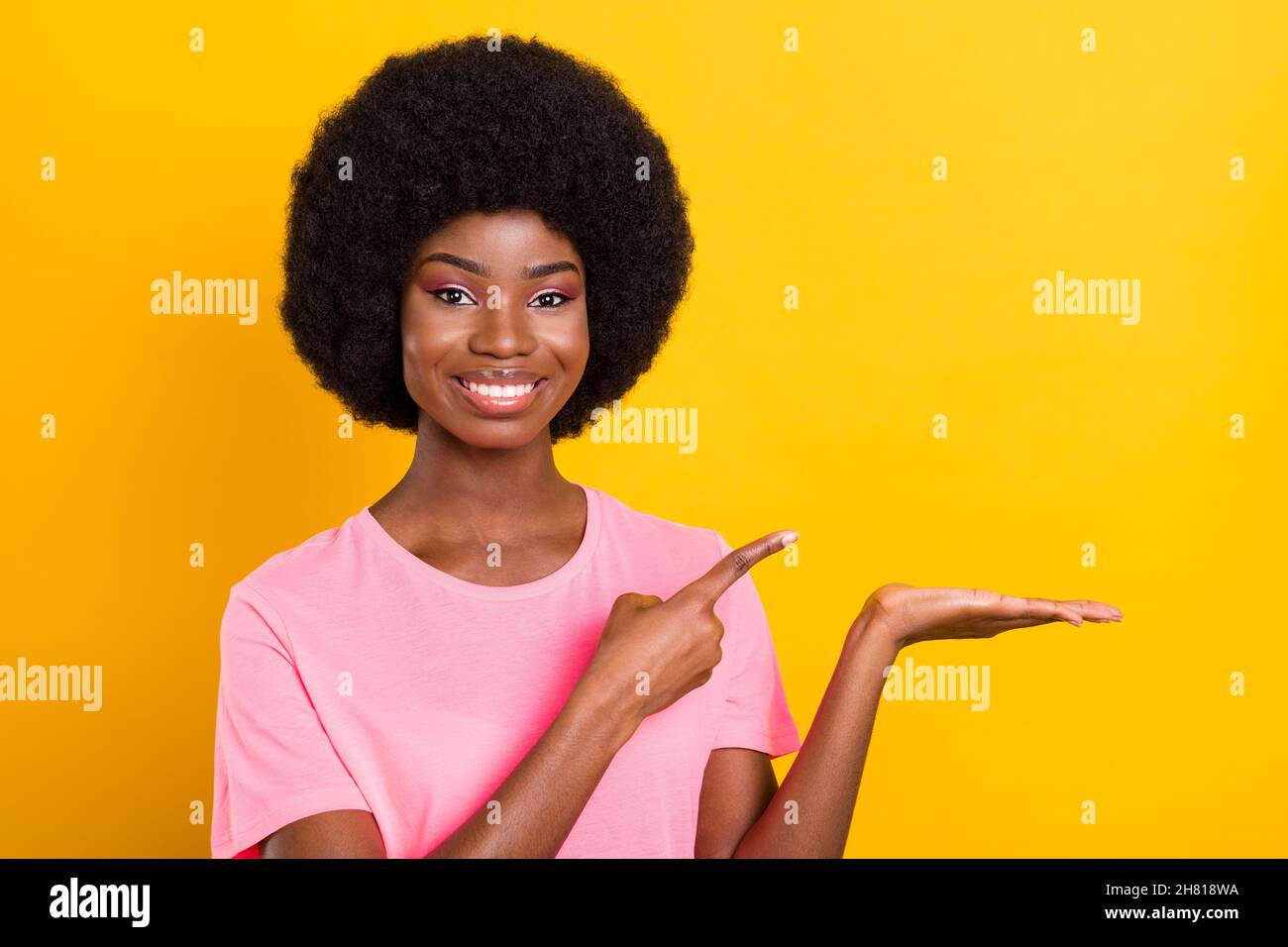 Photo of young black girl happy positive smile point finger advert ...