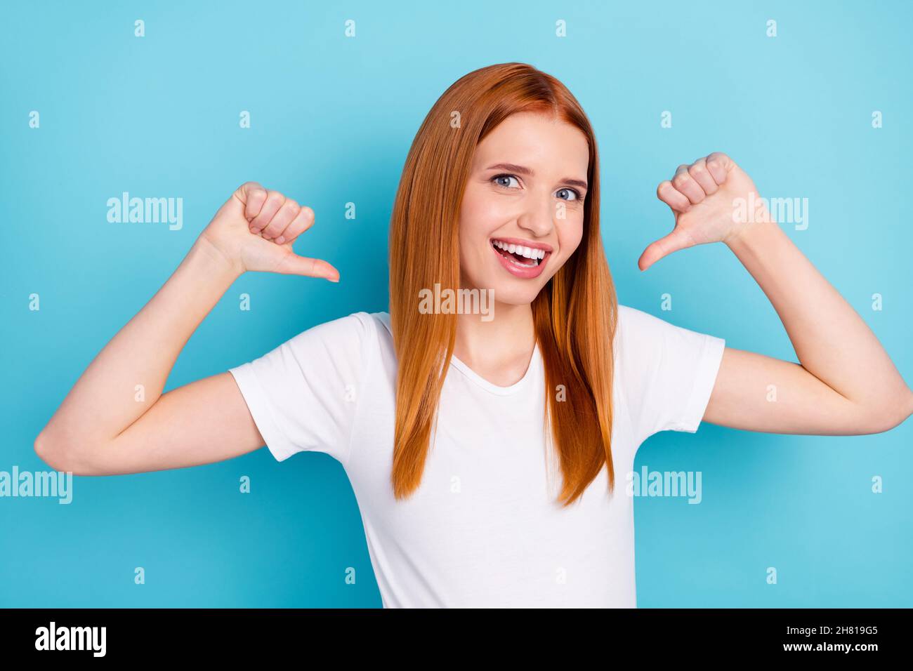 Photo of charming cheerful lady toothy smile indicate thumbs on self ...