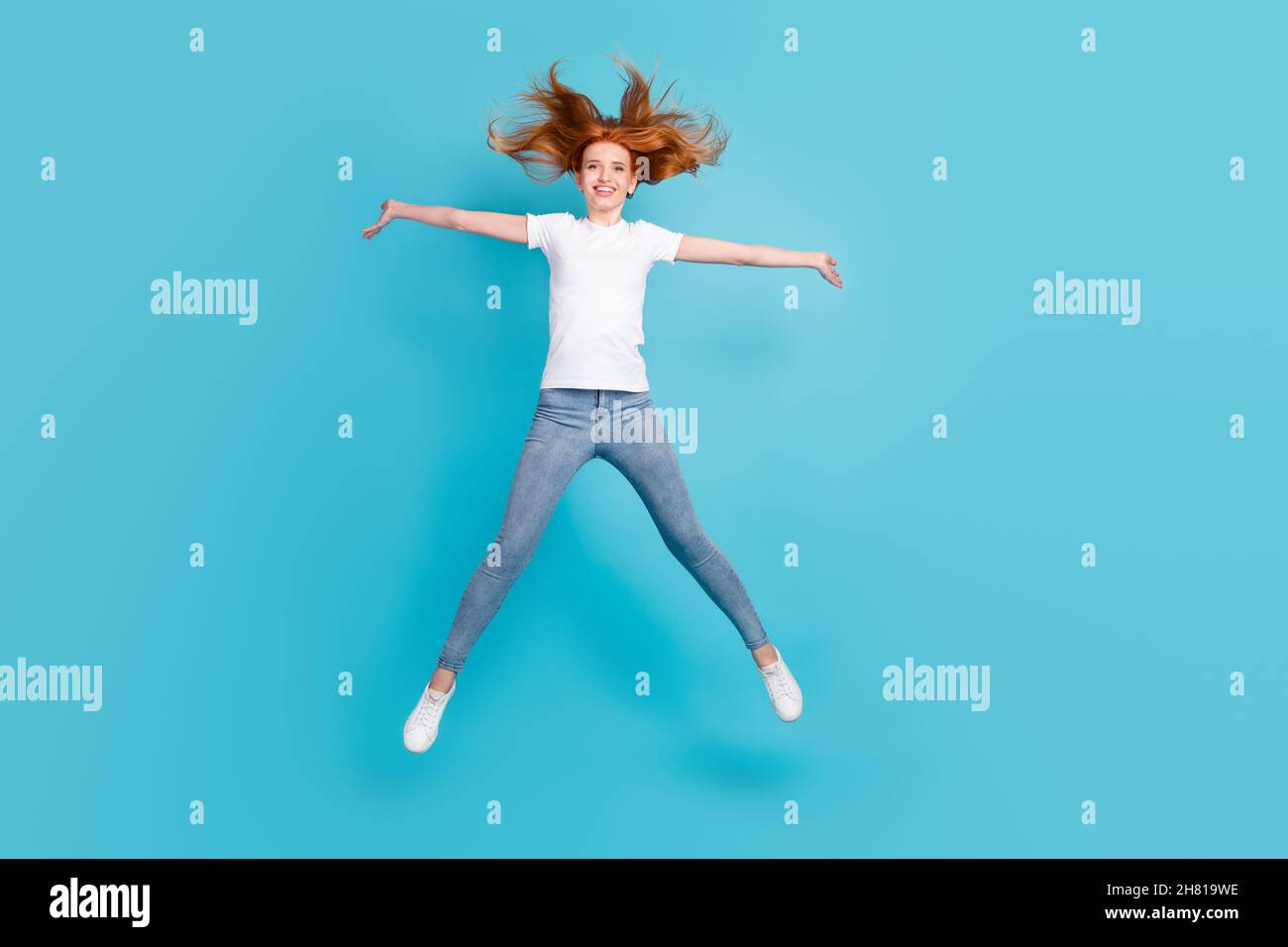 Full length photo of young excited girl happy positive smile have fun ...