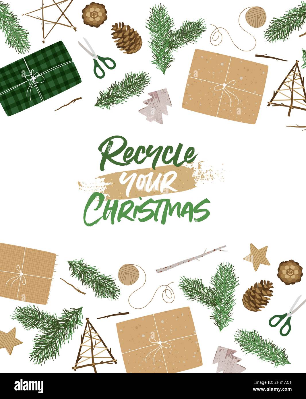 Merry Eco Christmas greeting card illustration of recycled wrapping ...