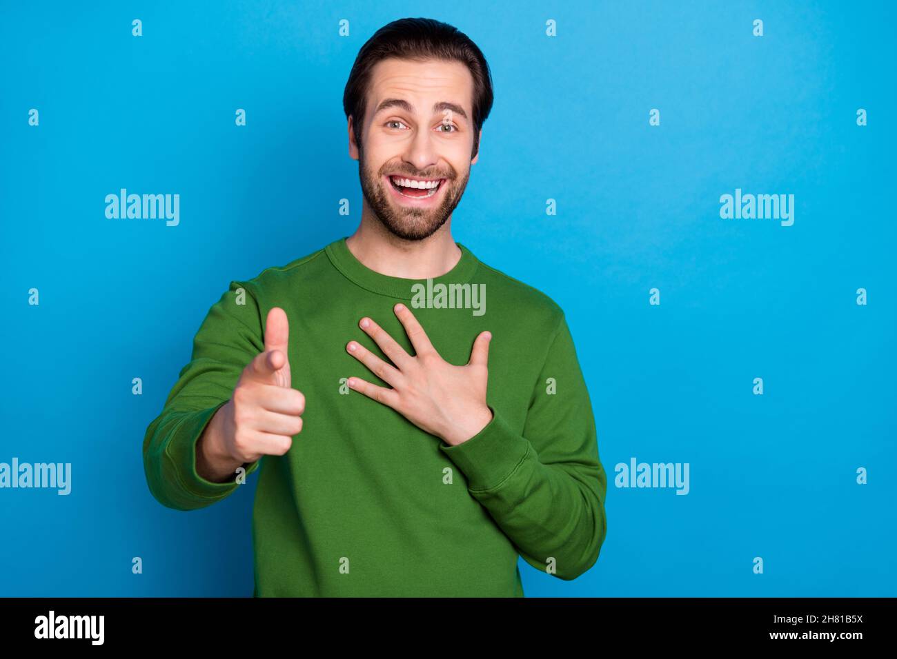 Photo of satisfied person arm on chest direct finger on you toothy ...