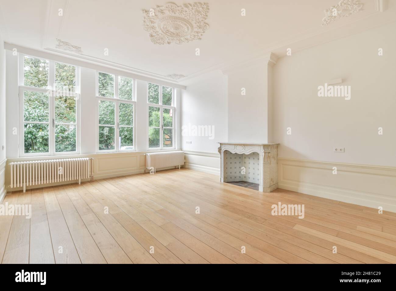 Interior of spacious light room with fireplace and windows Stock Photo ...