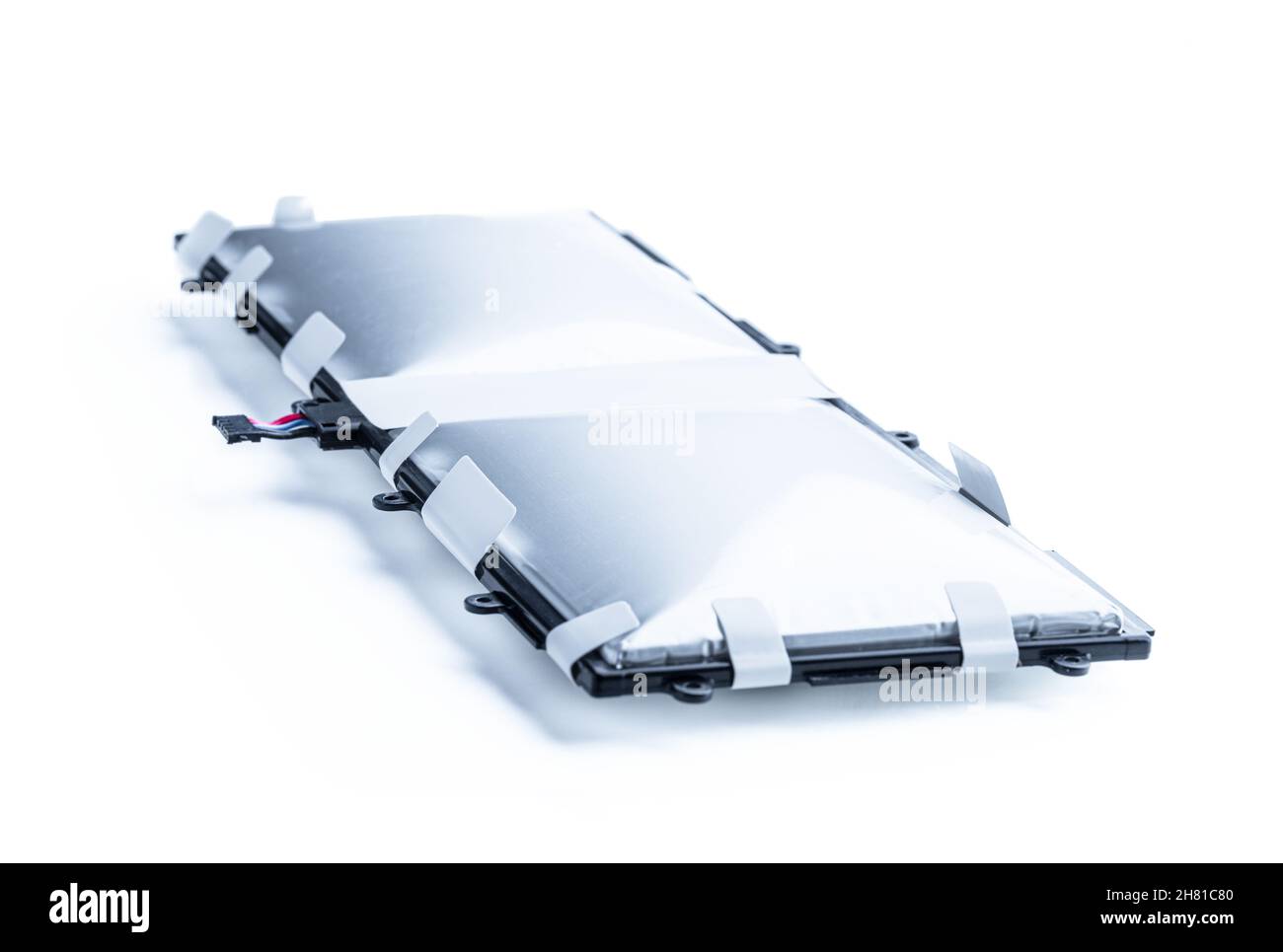 Defective lithium battery after explosion isolated on white background ...