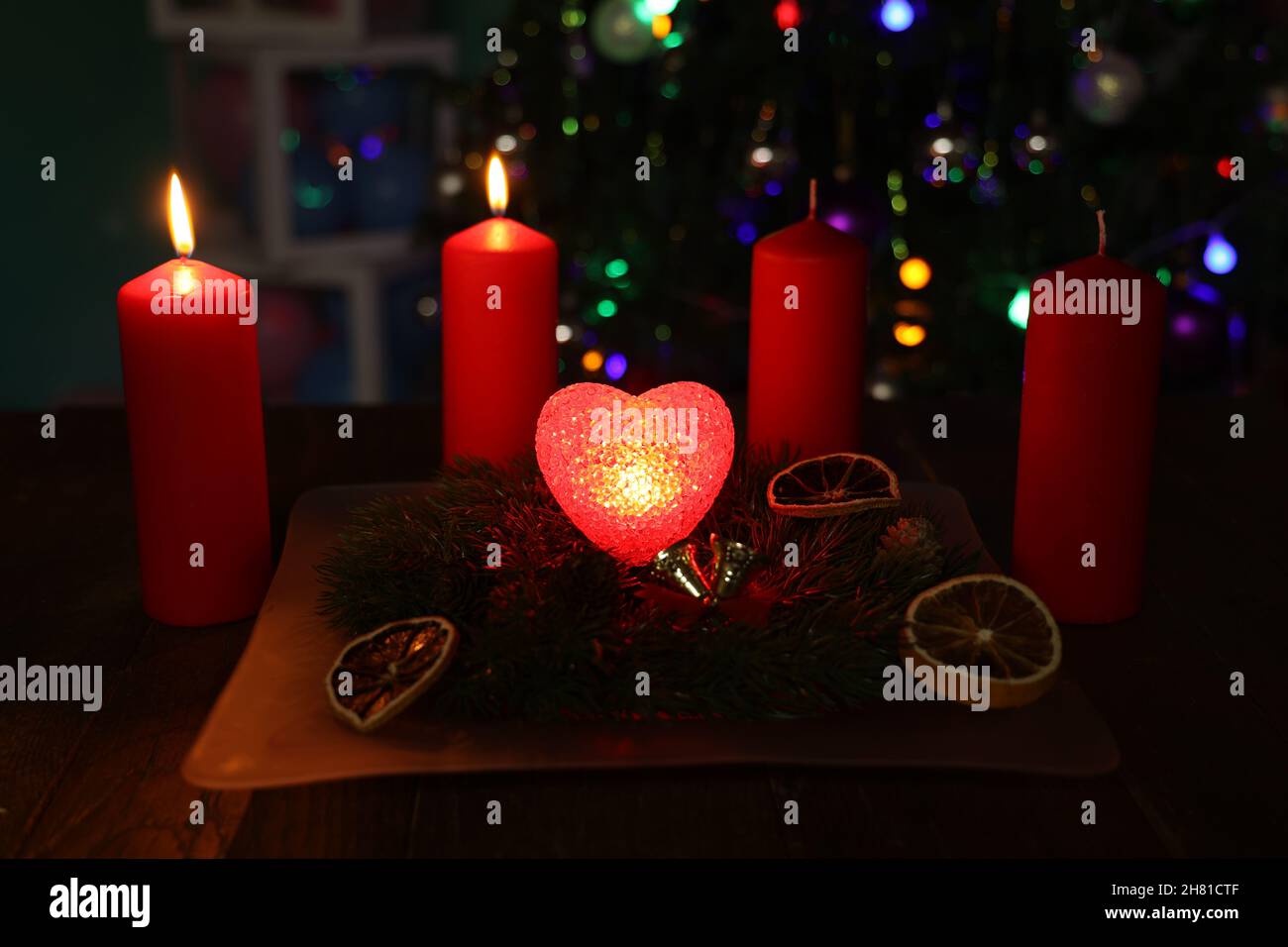 Second Advent, four candles burning. Advent background Stock Photo - Alamy