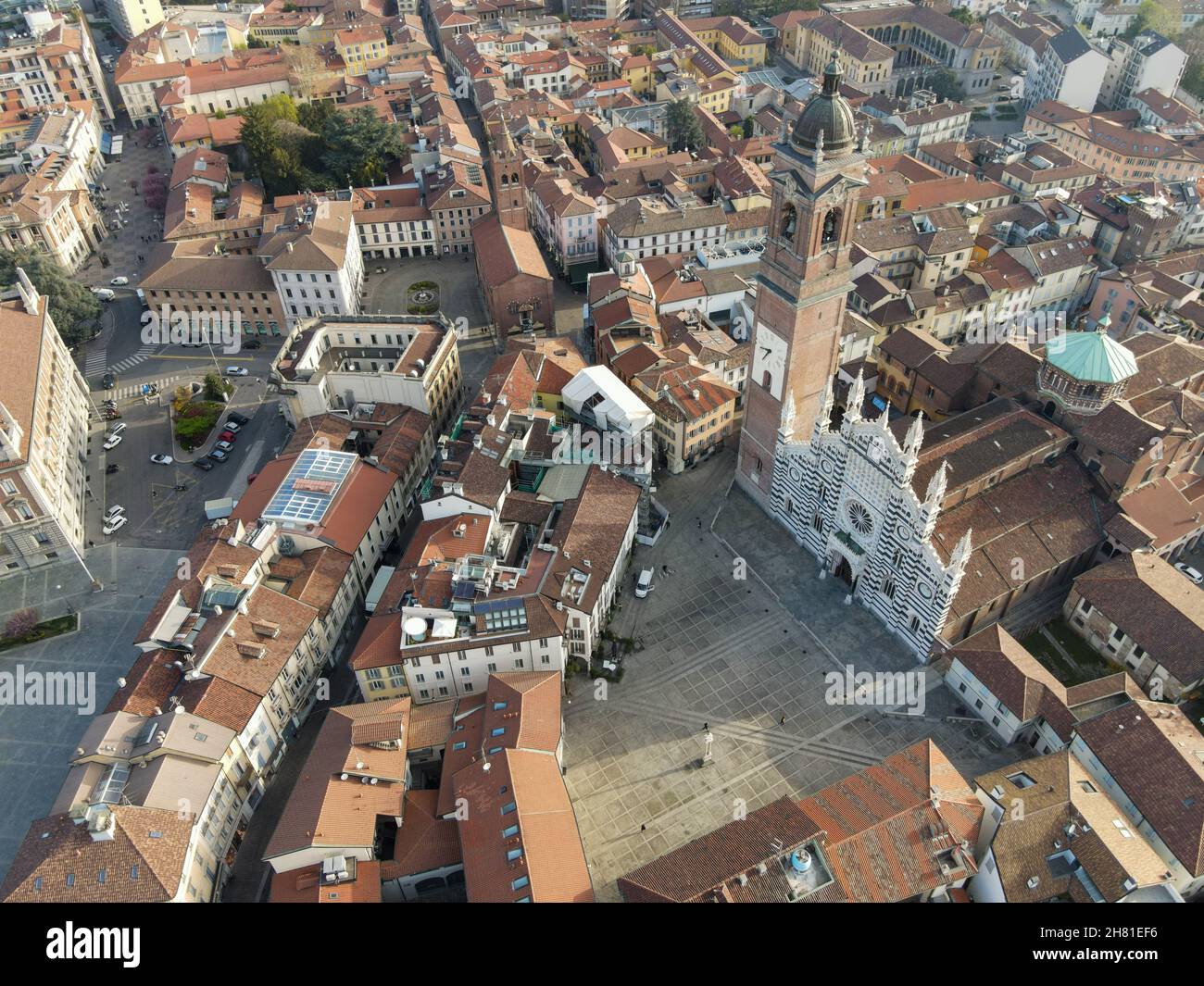 Aerial view of facade of the ancient Duomo in Monza (Monza Cathedral ...