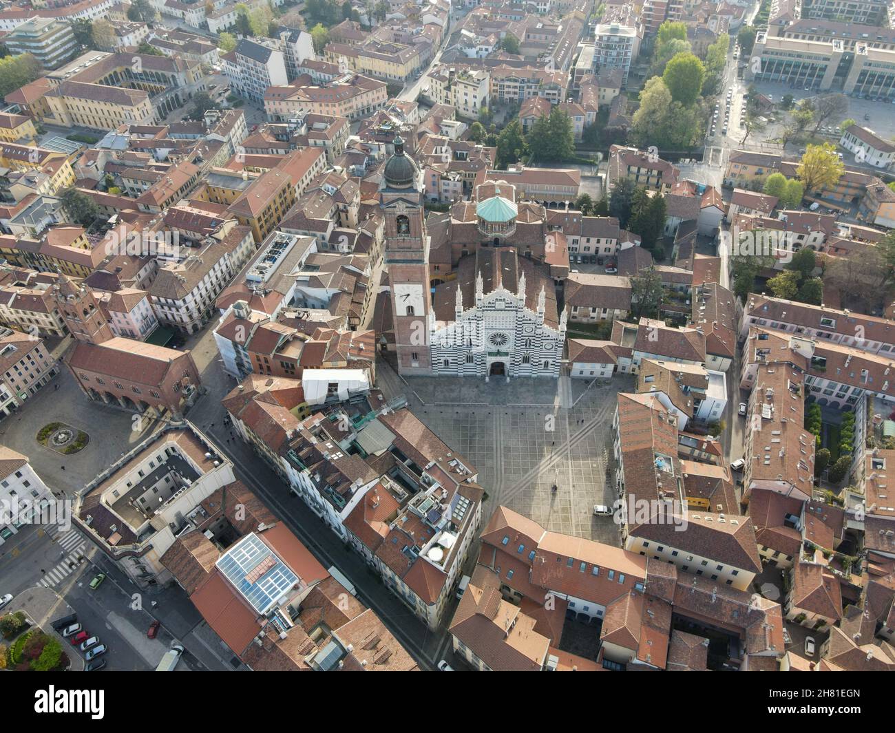 Aerial view of facade of the ancient Duomo in Monza (Monza Cathedral ...