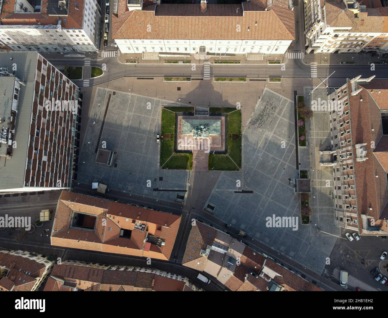 Aerial view of facade of the ancient Duomo in Monza (Monza Cathedral ...