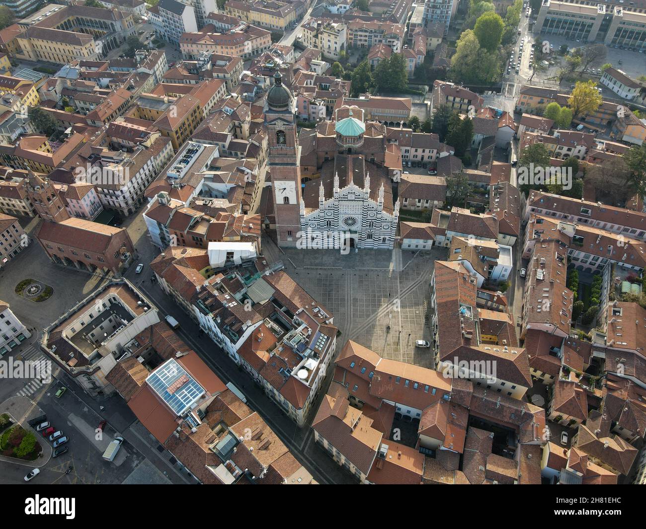 Aerial view of facade of the ancient Duomo in Monza (Monza Cathedral ...