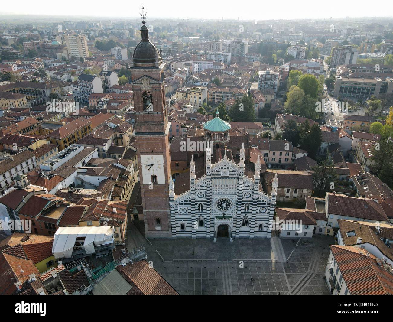 Aerial view of facade of the ancient Duomo in Monza (Monza Cathedral ...