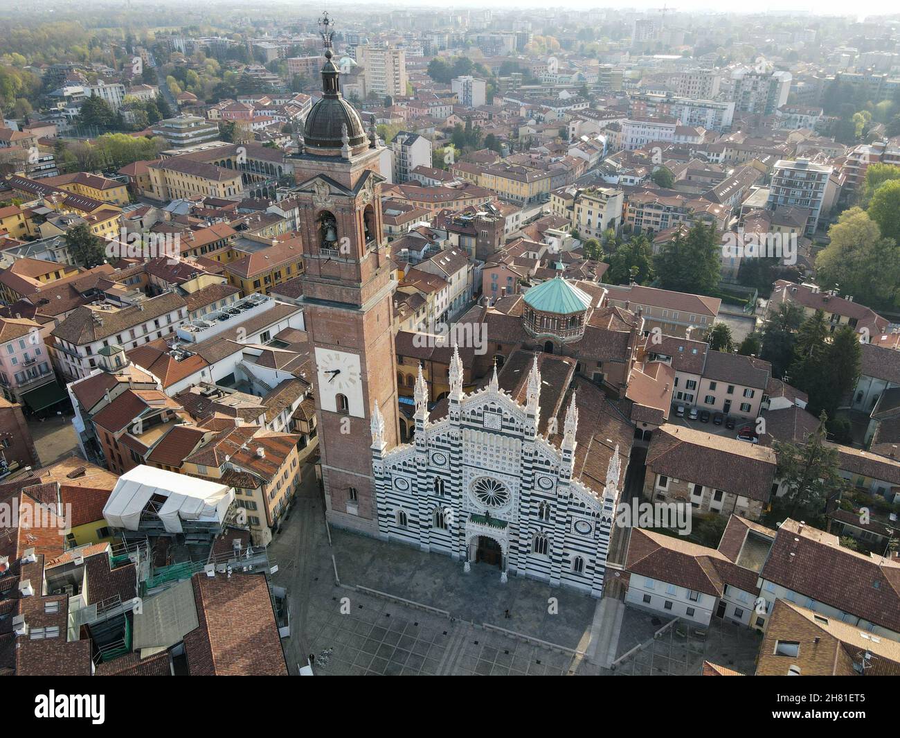 Aerial view of facade of the ancient Duomo in Monza (Monza Cathedral ...