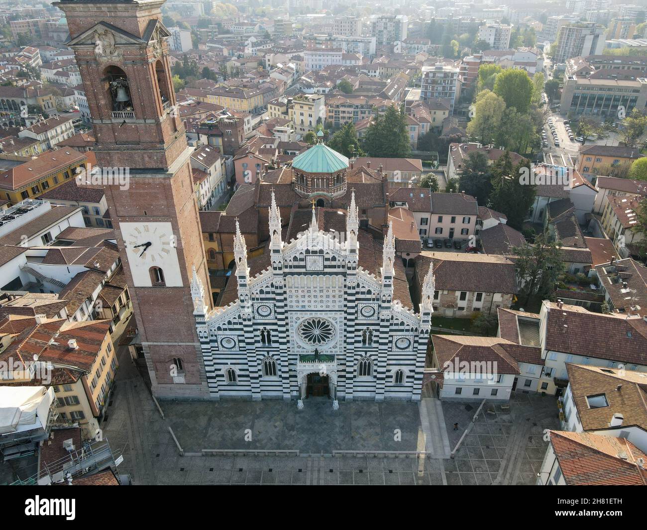 Aerial view of facade of the ancient Duomo in Monza (Monza Cathedral ...
