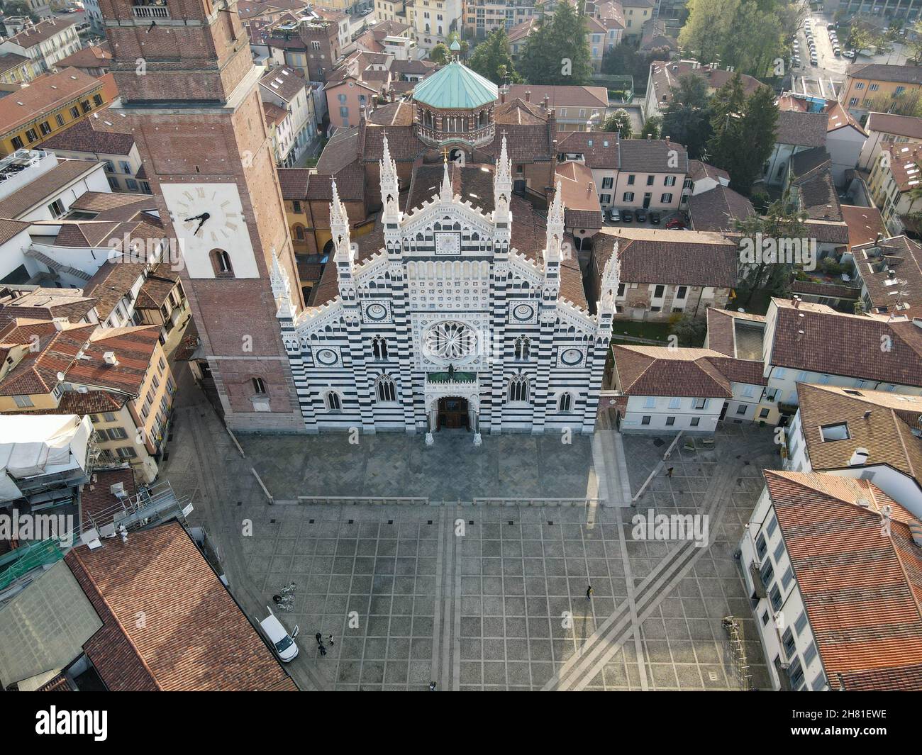 Aerial view of facade of the ancient Duomo in Monza (Monza Cathedral ...