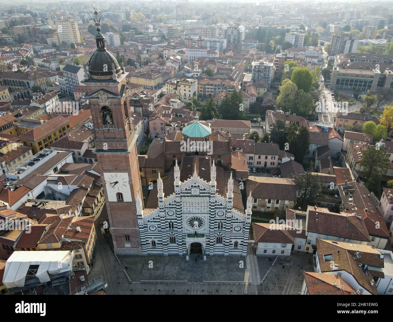 Aerial view of facade of the ancient Duomo in Monza (Monza Cathedral ...
