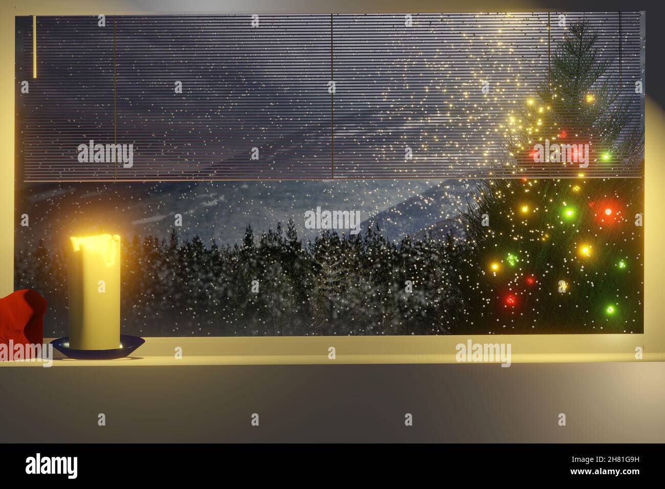 Window with Christmas tree. Greeting card design Stock Photo - Alamy