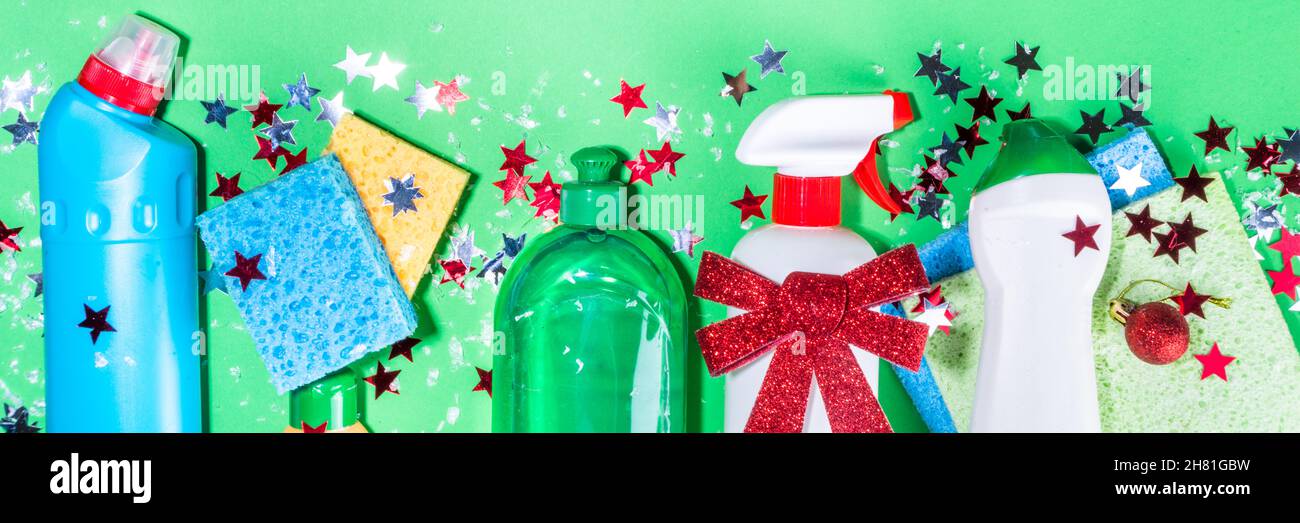 Christmas cleaning concept. Various bottles, equipment, and accessories ...