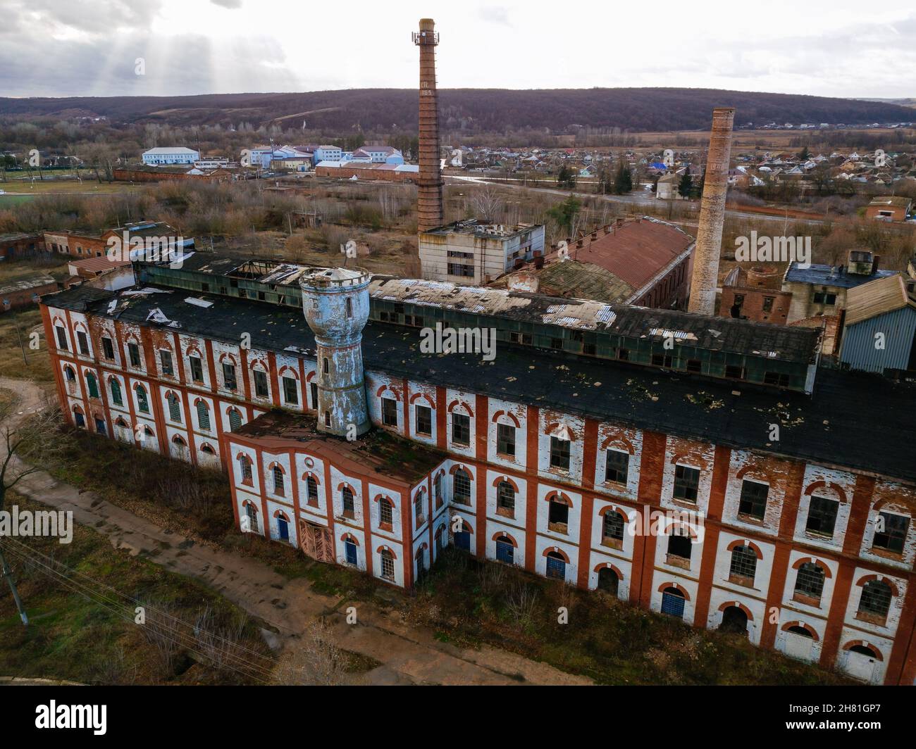 Old abandoned Novotavolzhansky sugar factory in Belgorod region, aerial ...