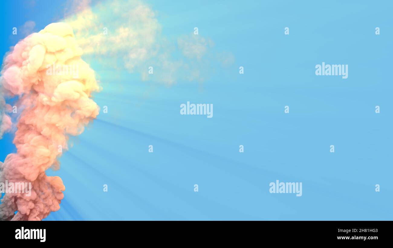carbon smoke from forest fire on blue sky with sun rays - abstract 3D ...