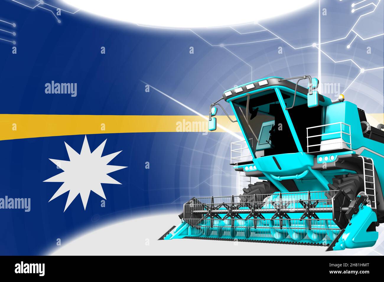 Digital industrial 3D illustration of blue advanced farm combine ...