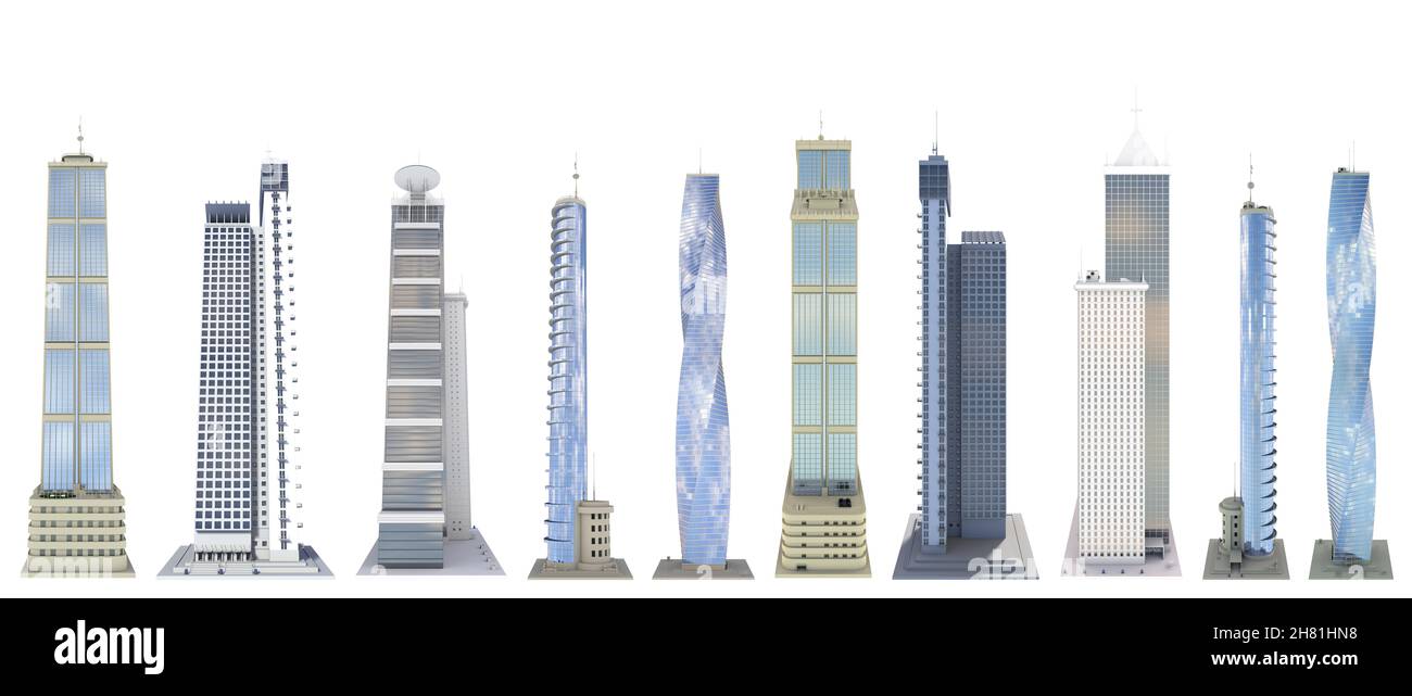 Set of highly detailed urban skyscrapers with fictional design and blue ...