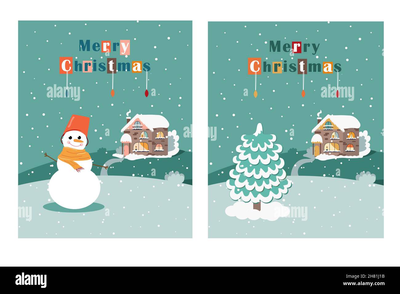 Set of Christmas cards with a snowman and a New Year tree. Christmas ...
