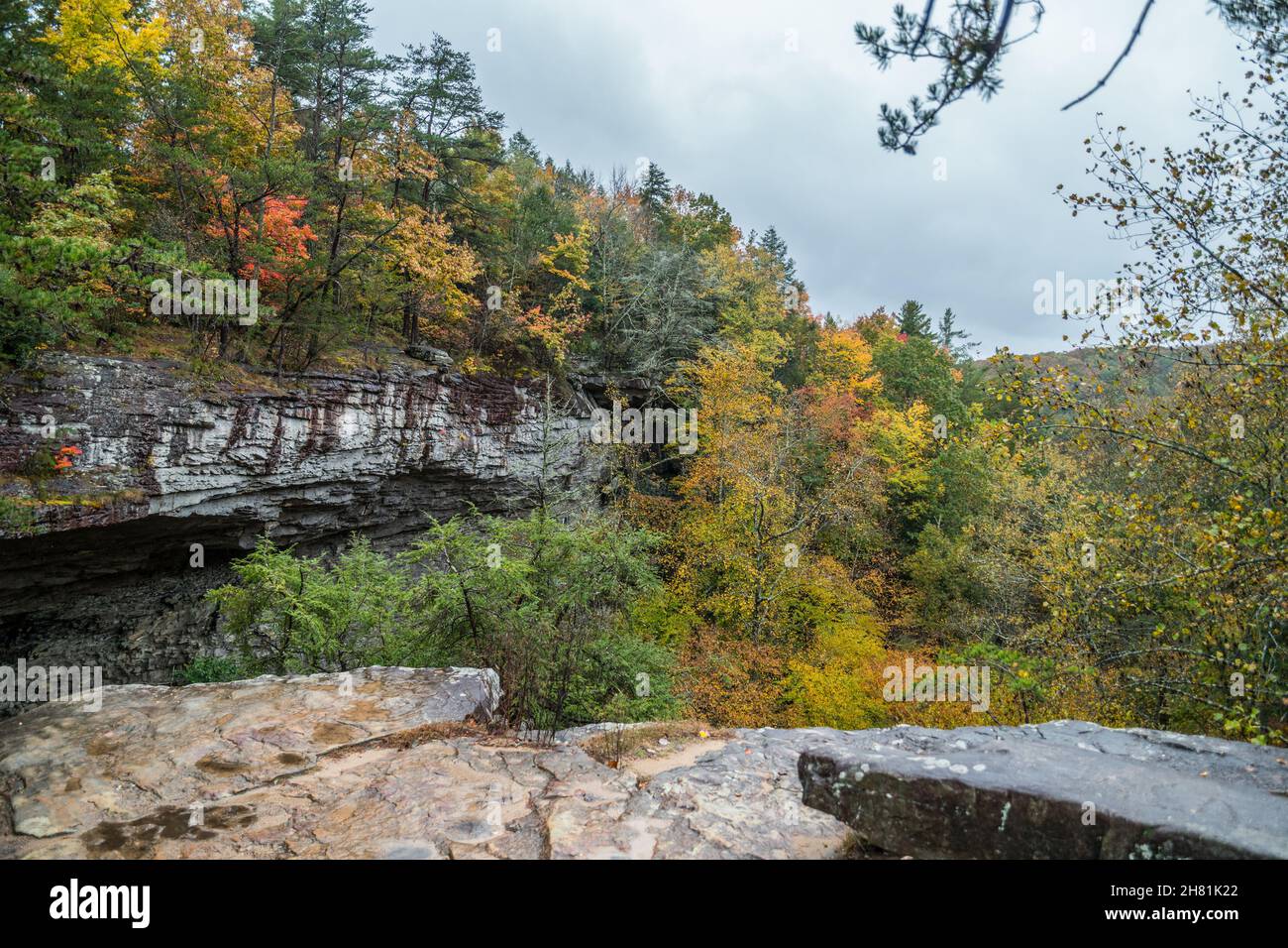 Standing at the edge of the ledge by the waterfall looking out across ...
