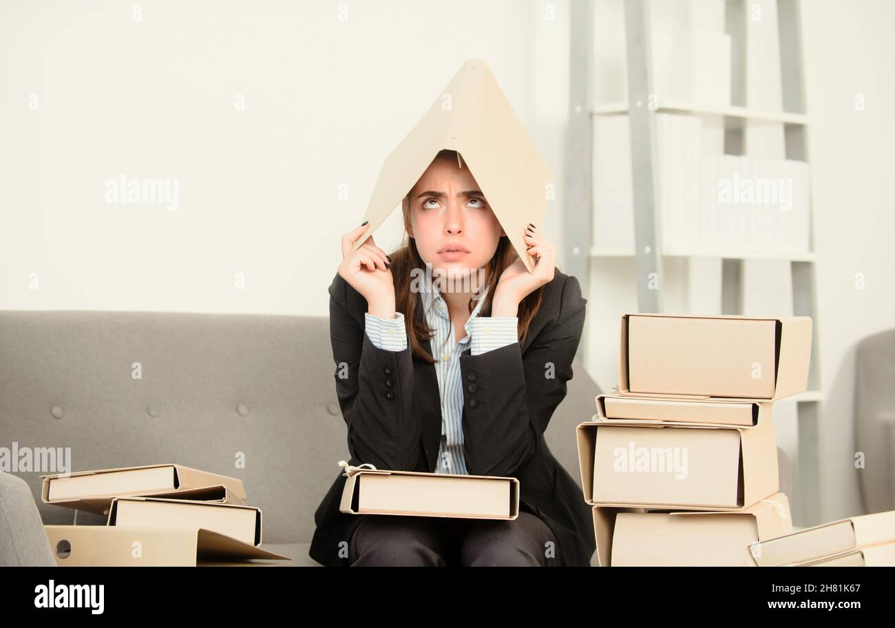 Crazy business. Sad busy secretary, stressed overworked business woman ...