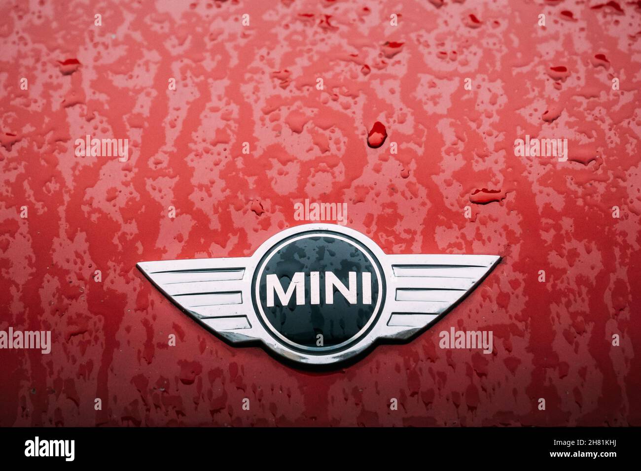 Wet Logo Logotype Sign Of Mini Cooper on red hood Stock Photo - Alamy