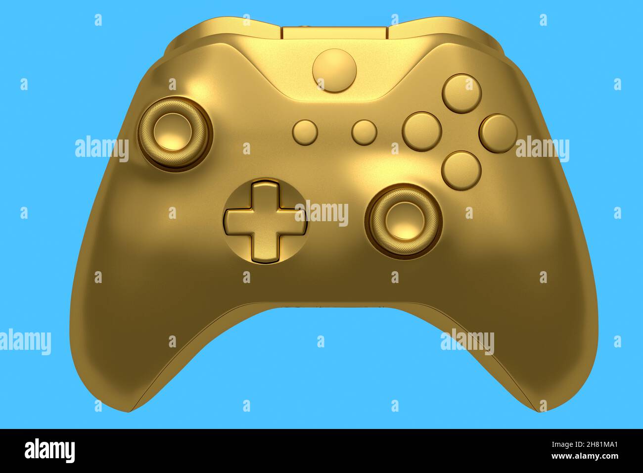 Realistic gold video game joystick on blue background. 3D rendering of ...