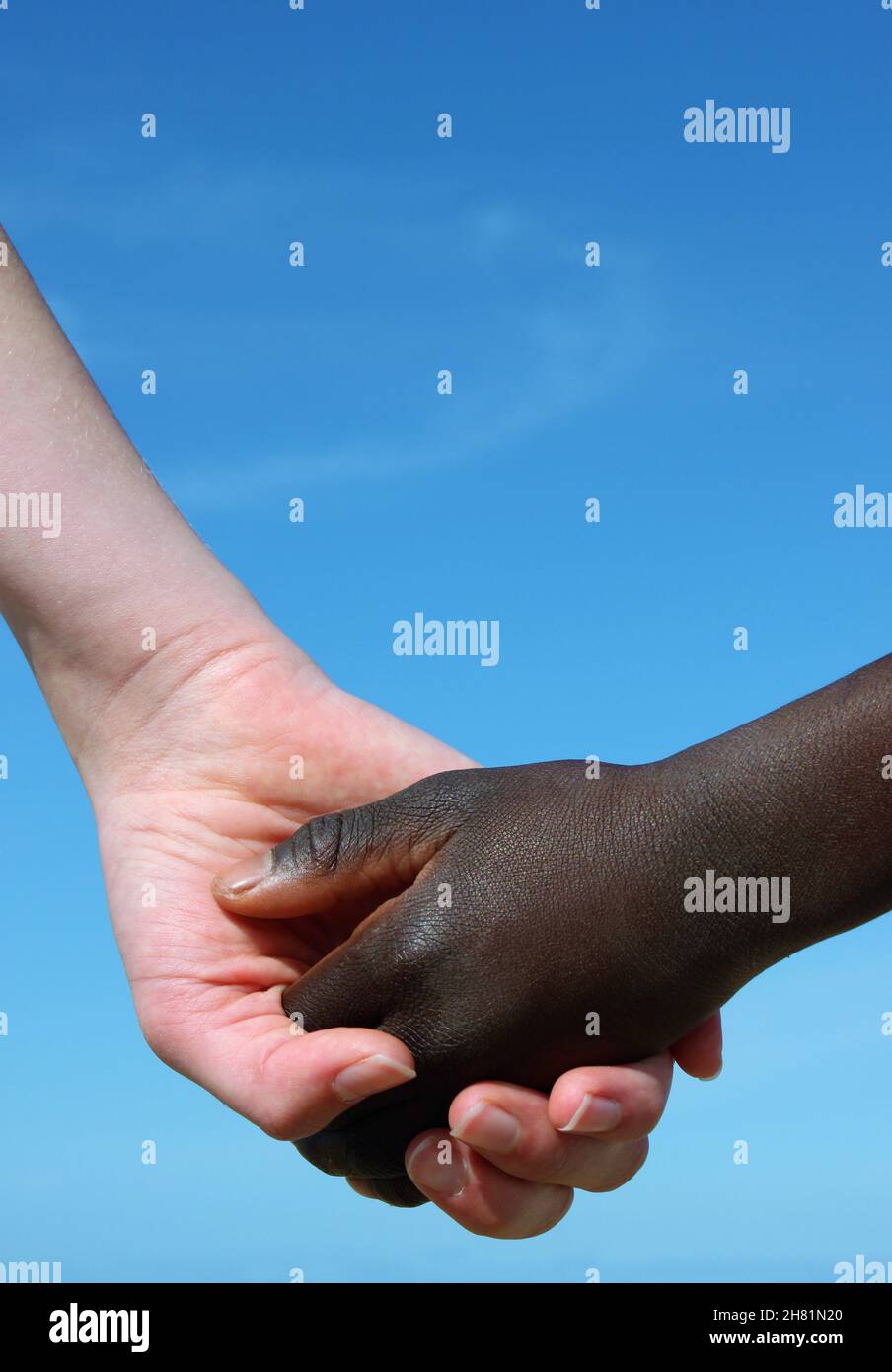 a white-skinned hand and a black-skinned hand hold each other in front ...