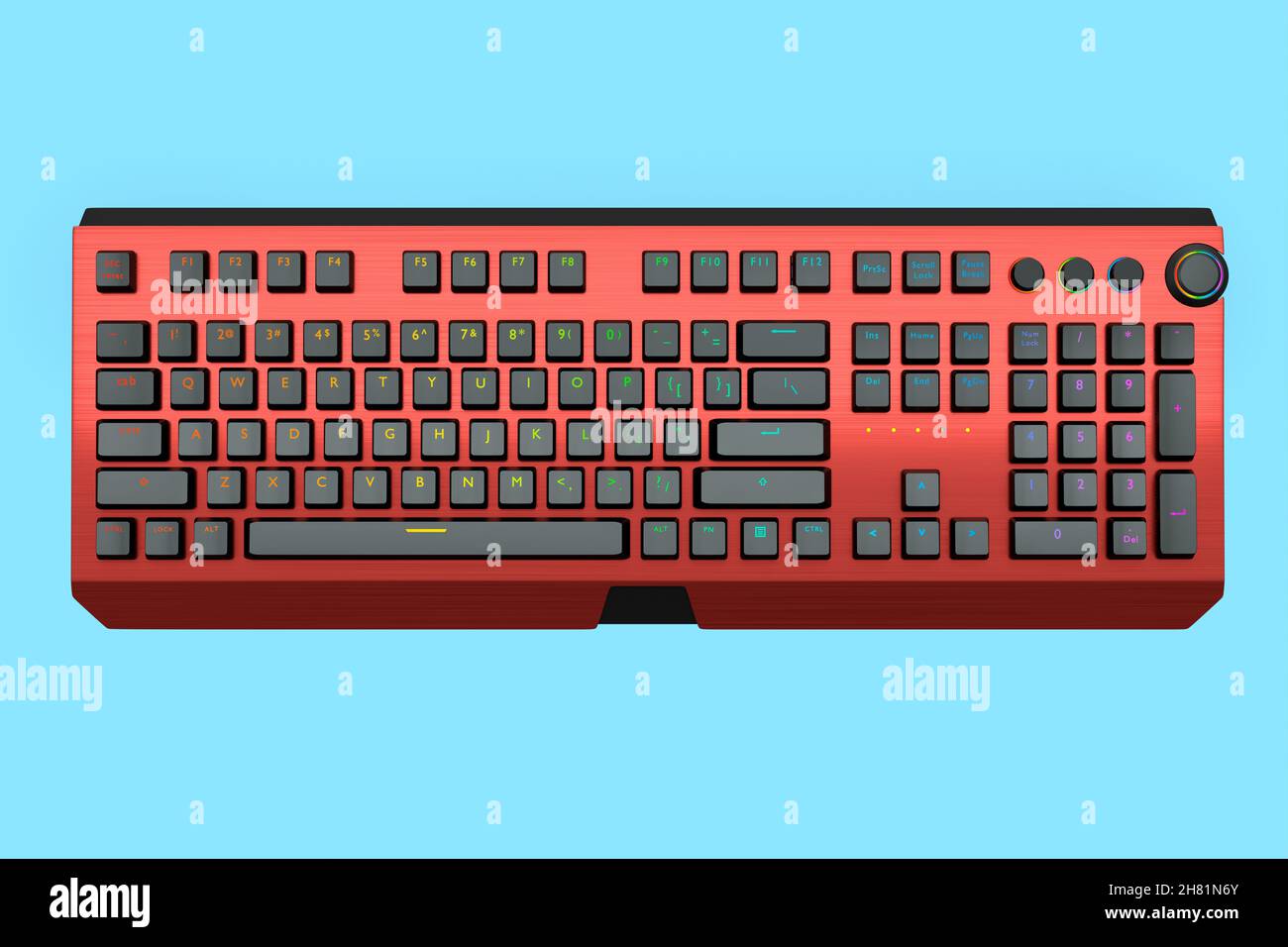 Red computer keyboard with rgb colors isolated on blue background. 3D ...