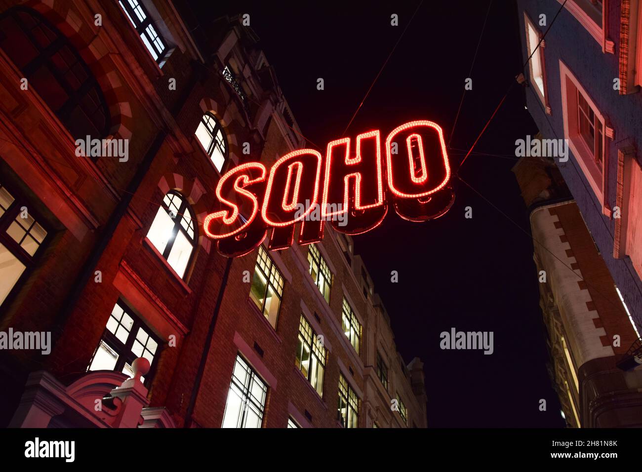 Neon Soho sign in Beak Street next to Carnaby Street. London, UK, 25th ...