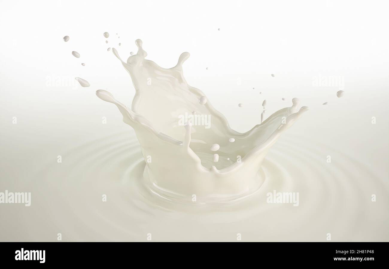 Milk crown splash, splashing in milk pool with ripples. Bird eye view ...