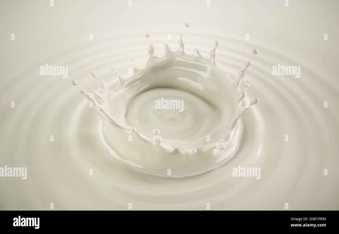 Milk crown splash, splashing in milk pool with ripples. Close up bird ...