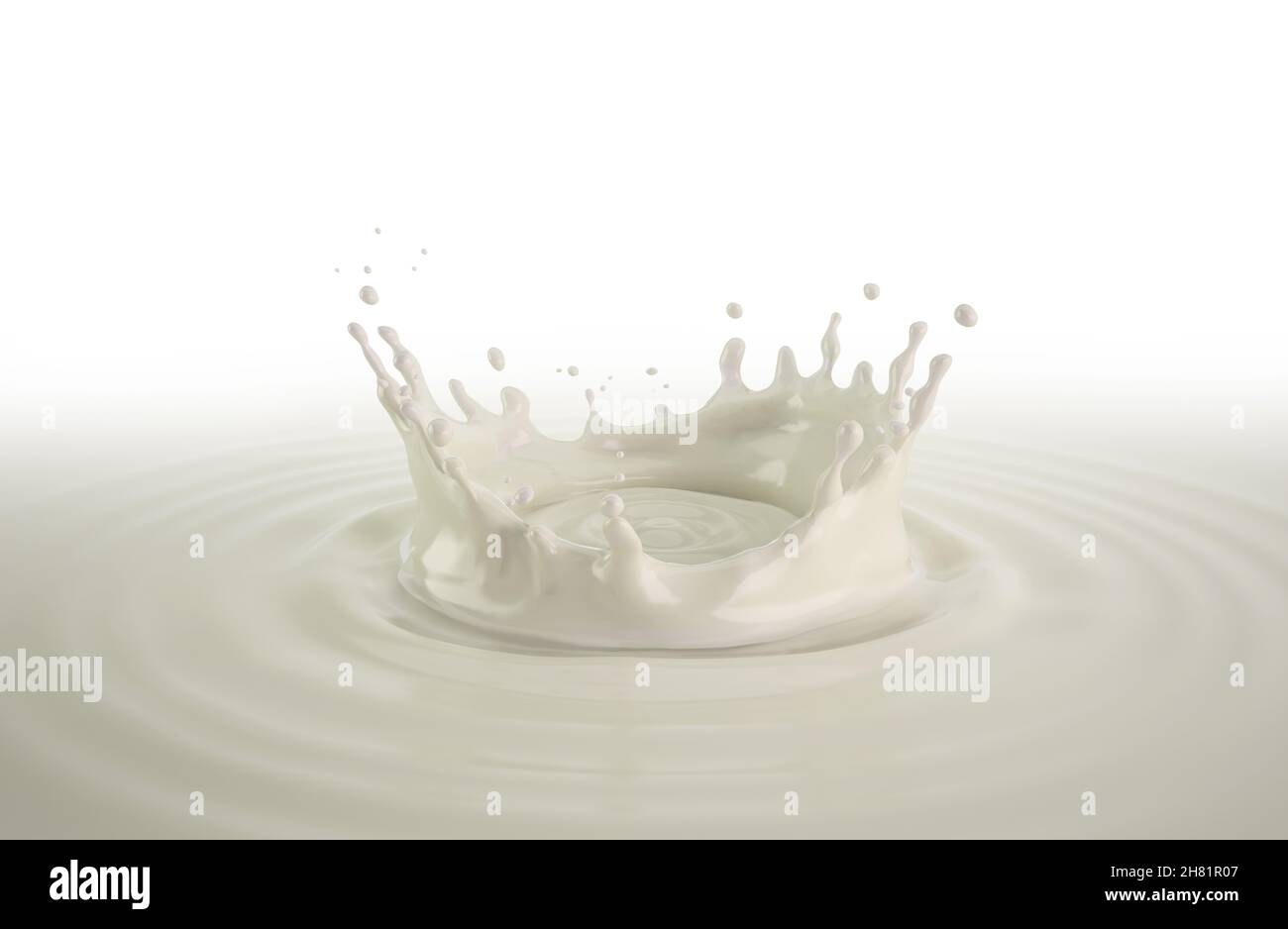 Milk pouring with crown splash in milk pool with ripples. Close up bird ...